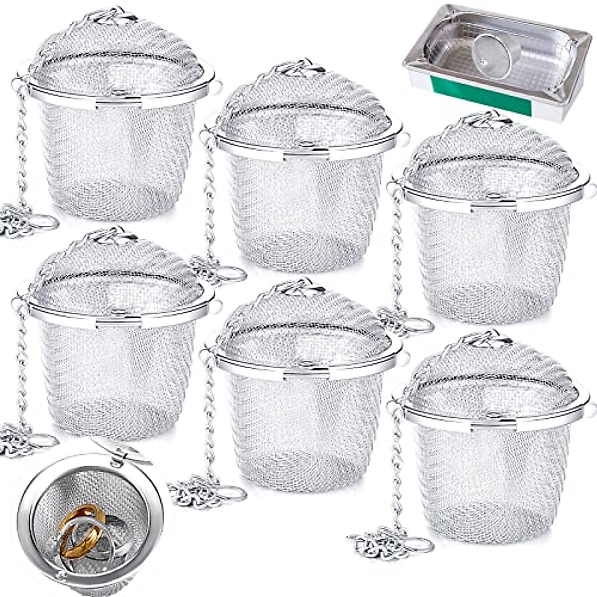 6 Pcs Ultrasonic Watch Parts Cleaner Baskets Stainless Steel Jewelry Steam Cleaner Ultrasonic Parts Cleaner Basket Mesh Ball Cleaning Small Holder with Lock Hook for Watch Cleaning Solution (Silver)