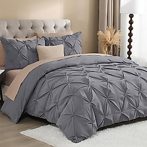 Litanika Queen Grey Pinch Pleat Duvet Cover, 3 Pieces Pintuck Cover Soft Microfiber Bedding Set with Zipper Closure & Corner Ties(104x90Inch-1 Duvet Cover, 2 Pillowcases)