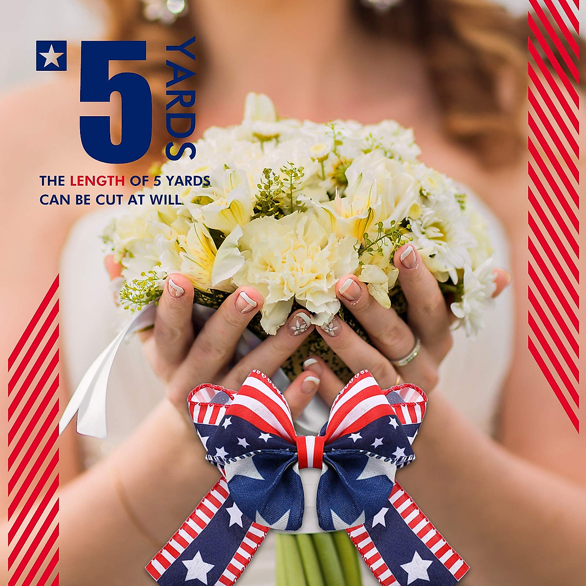 5 Rolls Star Wired Edge Ribbon 2.5 Inch Patriotic Ribbon Stars Stripes Satin Ribbon 4th of July Grosgrain Ribbon Halloween Thanksgiving Christmas Decoration for DIY Crafts Supplies Wreath Garland