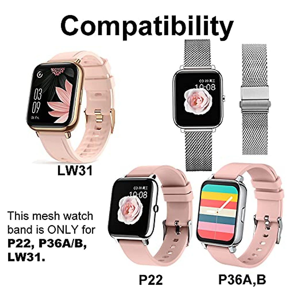 smaate Watch Band Compatible with P22 Donerton, Popglory, CanMixs 1.4inch; Motast Mugu Chalyh P36A P36B, AGPTEK LW31 1.69inch Smartwatch, 20mm Mesh Milanese strap, Safety Clasp, Silver