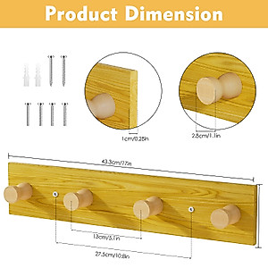 KZTUPJ Wooden Coat Hooks with 4 Hooks, Natural Wood Coat Rack Wall Mount, Decorative Coat Rack, Entryway Wall Hooks for Hanging Coats