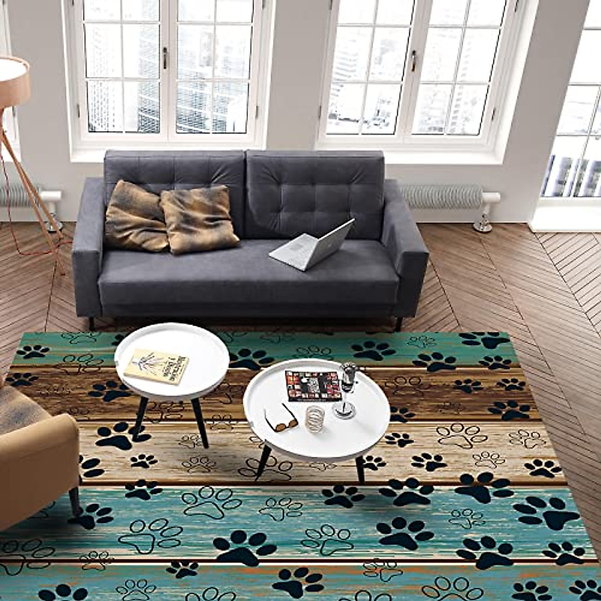 Seven Roses Indoor Area Rug, Paw Print Filling Non Slip Carpet Pad Bathroom Mat, Rustic Teal Brown Beige Wood Kitchen Runner Area Rug for Bedroom/Living Room/Kids Room 4'x6'