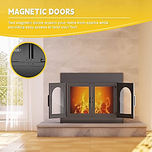 TOCRETOARE Fireplace Door, Fire Places Doors with Screen and Glass Decor Iron Mesh Guard and Magnetic Panels Fits Masonry Fireplaces Size 30in to 37in W x 22.7in to 29.5in H