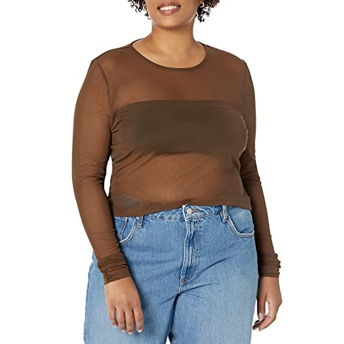 The Drop Women's Zander Mesh Long Sleeve Blouse, Coffee Bean, XXL, Plus Size