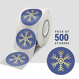 Easykart 500 Winter Snowflake Stickers in Roll, Blue with Gold foil Design Best for Christmas Party Supplies, Envelope Seals, Winter Decoration, Kids Activities, Kids Classroom Parties (1PACK)
