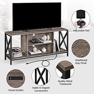 Yaheetech TV Stand for 65 Inch TV, Media Entertainment Center with Power Outlet for Living Room, Industrial TV Console with Side Shelves for PS Storage, Taupe Wood