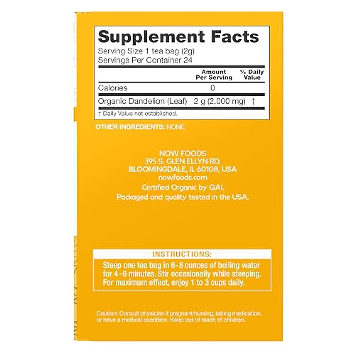 NOW Foods, Certified Organic Dandelion Traditional Cleansing Herbal Tea, Caffeine-Free, Non-GMO, Premium Unbleached Tea Bags with No-Staples Design, 24-Count