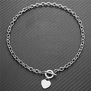 WangGao Elegent Love Stainless Steel Link Chain Blank Heart Charms Necklace for Women Toggle Clasp Closure,Silver…