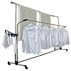 Hershii Clothes Garment Rack on Wheels Heavy Duty Double Rail Adjustable Extendable Rods Rolling Laundry Drying Rack Hanging Pole with 24 Clips