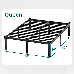Queen Bed Frame 16 Inch High Metal Platform Bed Frame with 4 Mattress Retainers Heavy Duty Steel Slats Black Kids Queen Size Bed Frame with Headboard Hole No Box Spring Needed Noise Free Easy Assembly
