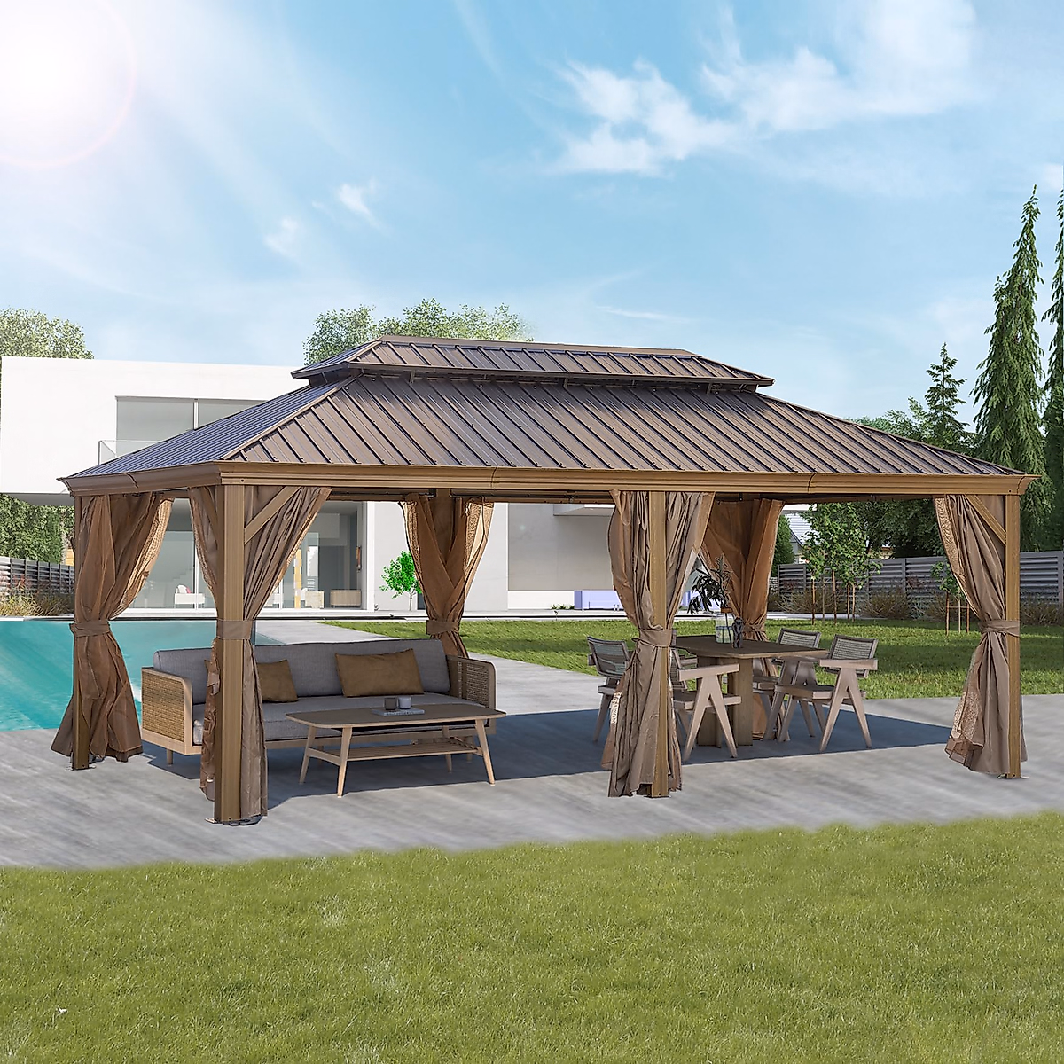 12' x 20' Hardtop Gazebo Outdoor Canopy Tent w/Double Galvanized Steel Vented Roof &Aluminum Frame for Garden Backyard,Permanent Metal Pavilion Heavy Duty Sunshade w/Privacy Curtains for Patio (Brown)