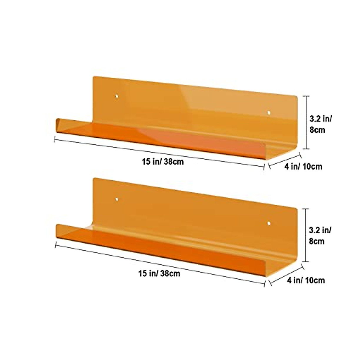 RRG 15 Inch Acrylic Floating Shelves, 2 Pack Kids Floating Bookshelf Wall Mounted Display Shelf for Books, Kids Room, Nursery, Bedroom, Bathroom, Living Room (Orange)