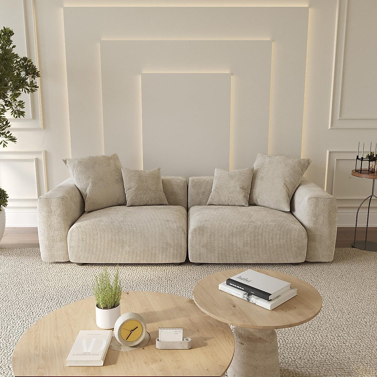 WJShome Modular Sectional Sofa Couch,102inch Oversized LoveSofa,Upholstered with Corduroy Fabric Couches with 4 Pillows,Cushion Covers Removable, Comfy for Living Room, Office, Apartment,Beige