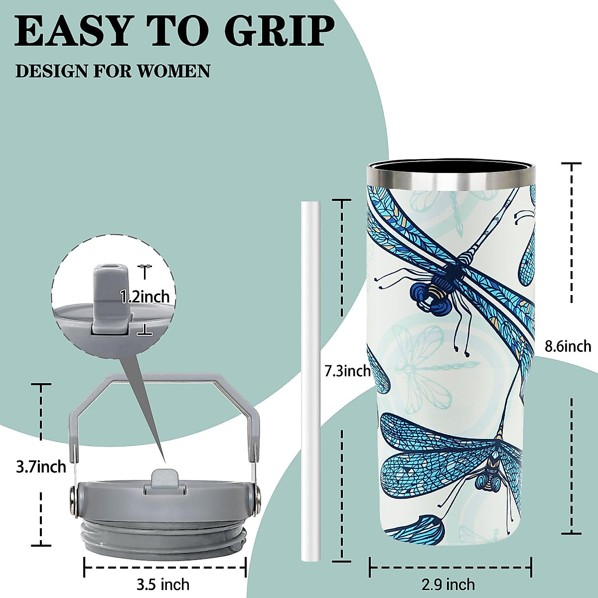 Dragonfly Tumbler with Handle and Straw, Stainless Steel Vacuum Insulated Flip Straw 30 oz Dragonfly Tumbler Spill Proof Coffee Travel Mug Dragonfly Gifts for Women