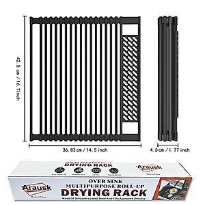 Arausk 16.7" x 14.5" Roll up Dish Drying Rack Silicone Coated Portable Dish Rack Dish Drainer Foldable Stainless Steel Over Sink Kitchen Drainer Rack for Cups Vegetables (XL)