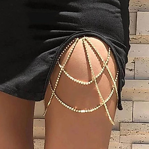 Ludress Layered Thigh Chain Gold Rhinestones Leg Chain Spaekly Crystal Body Chain Halloween Rave Body Jewelry Accessories for Women and Girls