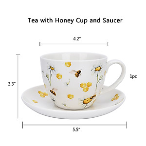 STP GOODS Bone China Kitchen Teacups Tea with Honey Cup and Saucer 15.2 fl oz (450 ml) Pretty Tea Cup with Matching Saucer Christmas Mugs