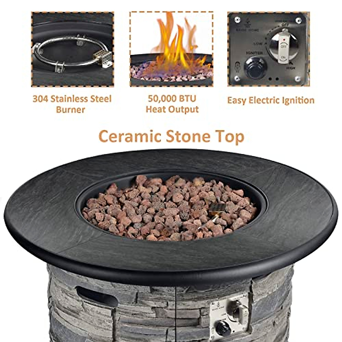 BAIDE HOME 32-Inch Ceramic Fire Table, 50,000 BTU Round Outdoor Propane Fire Pit, Concrete Faux Stacked Stone Base w/Metal Lid, Lava Rocks, Electric Ignition, Cover