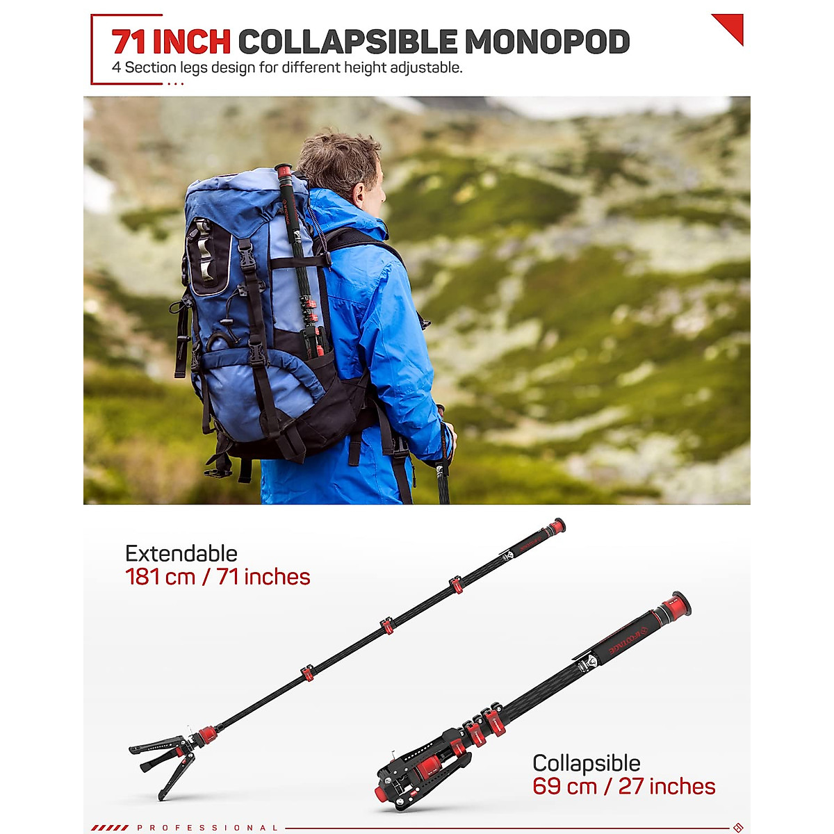 IFOOTAGE Cobra 3 Carbon Fiber Monopod with Pedal, 71" Professional Monopod for Cameras, Portable Travel Monopod with Feet, Max Load 17.64 lbs, Compatible with Sony Canon Nikon DSLR Camera, C180F-P