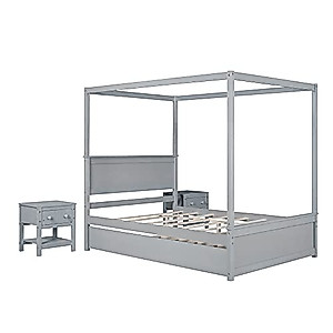 Bellemave Full Size Wood Canopy Bed with Trundle and Two Nightstands, 4-Post Platform Frame Headboard, 3 Pieces Bedroom Set (Brushed Gray) Full Canopy Bed+2 Nightstands