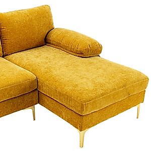 Pvillez Modern Sectional Sofa with Double Chaise Large Convertible Couches Chenille U-Shape Couch with Rolled Arms and Golden Legs Oversize Yellow Sofa for Living Room Comfortable Modular Sofa