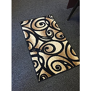 Bellagio Modern Doorway Mat Contemporary Area Rug Black Beige Abstract Swirl Design 341 (2 Feet X 3 Feet 4 Inch)