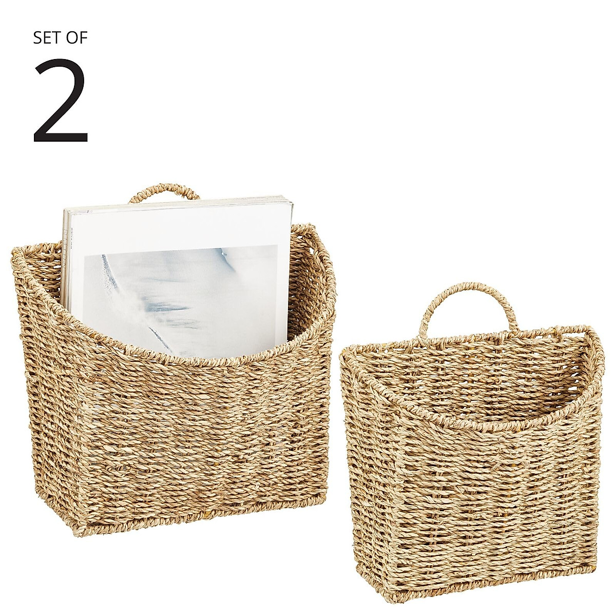 mDesign Woven Seagrass Hanging Wall Storage Basket for Flowers & Essentials, Decorative Boho Mounted Organizer for Pantry, Closet, Bathroom, and The Door - Set of 2 - Natural