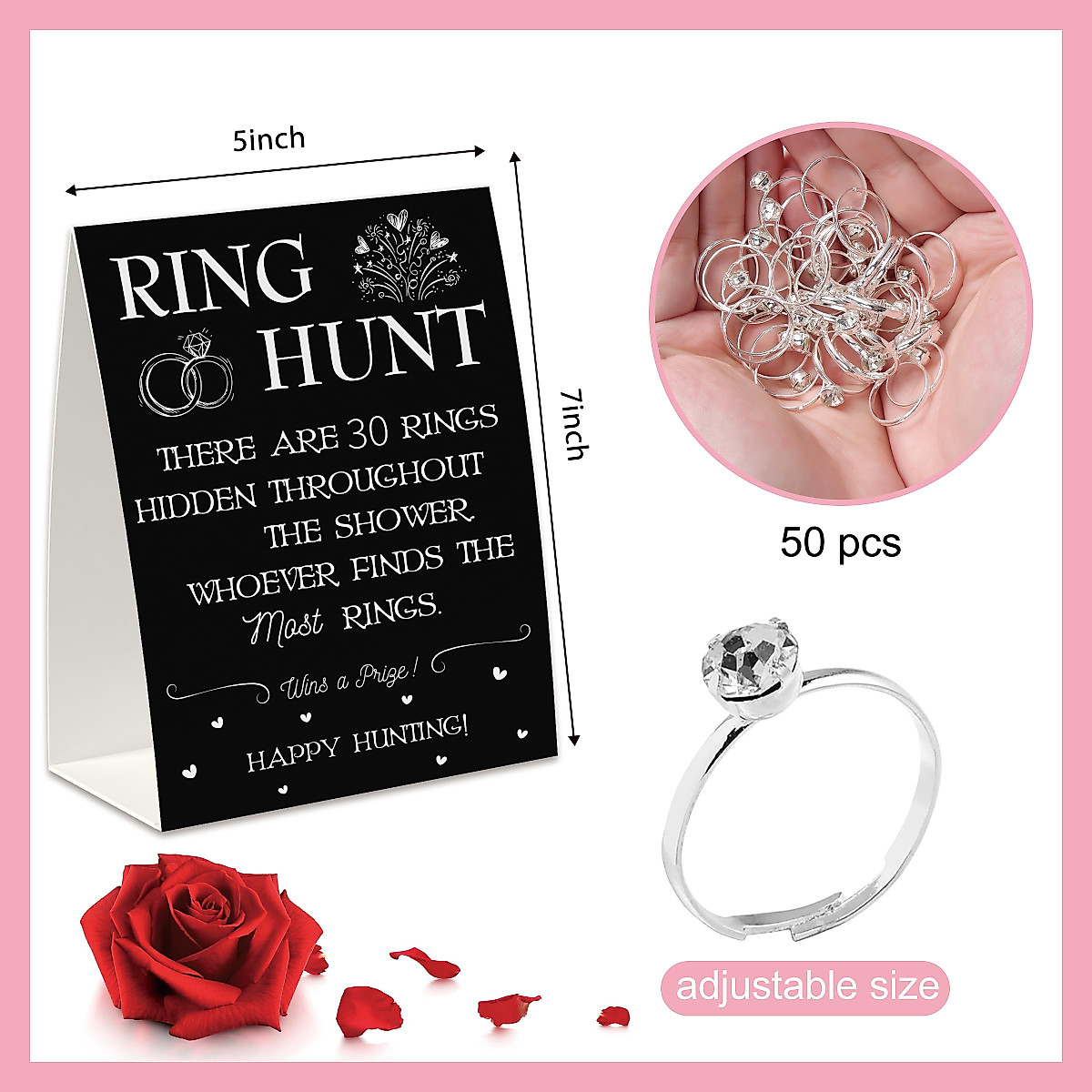 Ring Hunt Game(30 Rings with One Sign), Fun Bridal Shower Game, Wedding Game/Engagement Party Game, Bridal Shower Decorations Black and White-RH03
