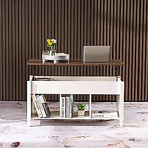 VINGLI Lift Top Coffee Table, White Coffee Table with Lift Top, Lift Up Coffee Table with Storage Shelf/Hidden Compartment, Gas Lift Coffee Table Mesa De Centro para Sala Pop Up Coffee Table