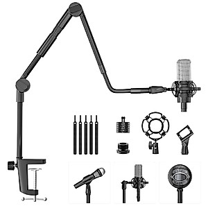 Microphone Stand, 37" Adjustable Gooseneck Mic Boom Arm with 5/8" & 1/4" Adapter, Shock Mount, Mic Clip Holder, Desk Mount Suspension Boom for Blue Yeti Nano, Snowball Ice, Recording and Gaming