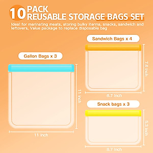 10 Pack Reusable Ziplock Bags Silicone, Leakproof Reusable Freezer Bags, BPA Free Reusable Food Storage Bags for Lunch Marinate Food Travel - 3 Gallon 3 Snack 4 Sandwich Bags