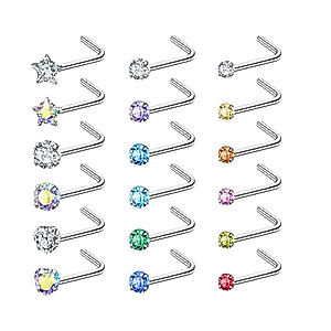 ZZHDCC Nose Studs 20G 316L Surgical Steel Nose Rings Studs For Women Men Lip Cartilage Nose Piercing Jewelry 18PCS Colorful CZ Heart Star L Shaped Nose Rings (L Shaped)