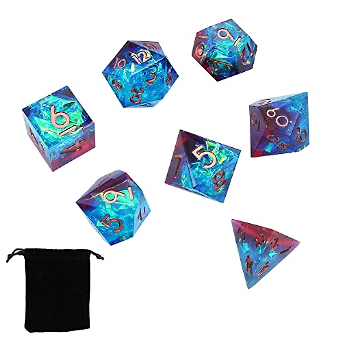 DollaTek Resin Transparent RPG Dice Set, 7pcs DND Dice Set D4 D6 D8 D10 D12 D20, Red and Blue with Gold Foil, for Dungeons and Dragons and Board Games