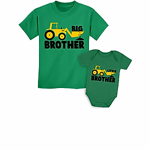 Tractor Big Brother Little Brother Matching Sibling Outfits Toddler Kids Tshirt & Baby Bodysuit Set Baby Green/Kids Green Baby Newborn/Kids 3T