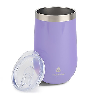 Manna Airén Double Wall Insulated Stainless Steel Stemless Wine Cup Tumbler with Splash-Proof Lid - 16 Oz - Purple