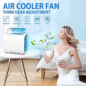 Portable Air Conditioners Fan, 2022 Newest Evaporative Air Cooler with Ice Trays Blue Atmosphere Light, USB Rechargeable Personal Air Conditioner Desktop Cooling Humidifier Fan for Room, Office, Desk, Nightst, Camping