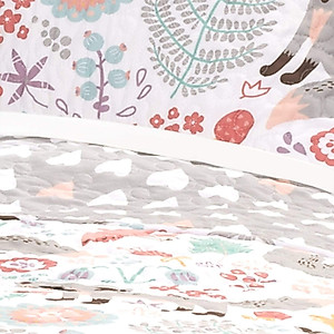 Lush Decor Pixie Fox Reversible Quilt Set, 4 Piece Set, Full/ Queen, Gray & Pink - Bedding Sets For Girls - Whimsical Quilt For Kids & Toddlers - Floral & Heart Print - Woodland Bedroom Decor