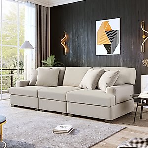 kevinplus 88.5'' Modern Sectional Sofa Couch for Living Room, Contemporary Comfortable 3-Seat Sofa with 4 Pillows for Apartment Office and Small Space, Linen Fabric, Cream White