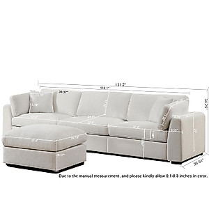 Sectional Sofa Deep Couch with Chaise Modular Sectional Couch with Extra Large Ottoman Corduroy Sectioanl Sofa Sleeper Couch for Living Room Apartment (White, 3 Seater with Ottoman)