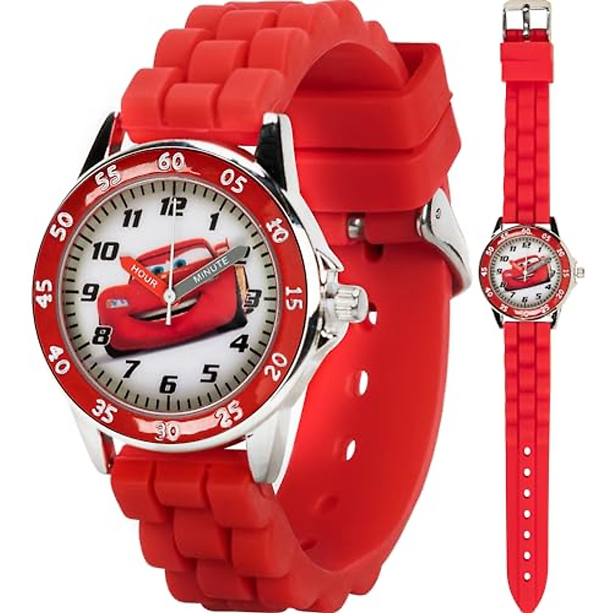 Disney Pixar Cars Kids' Time-Teaching Watch – Lightning McQueen Design with Red Silicone Strap, Easy-to-Read Dial, and Adjustable Fit for Wrists 5.5" to 8"