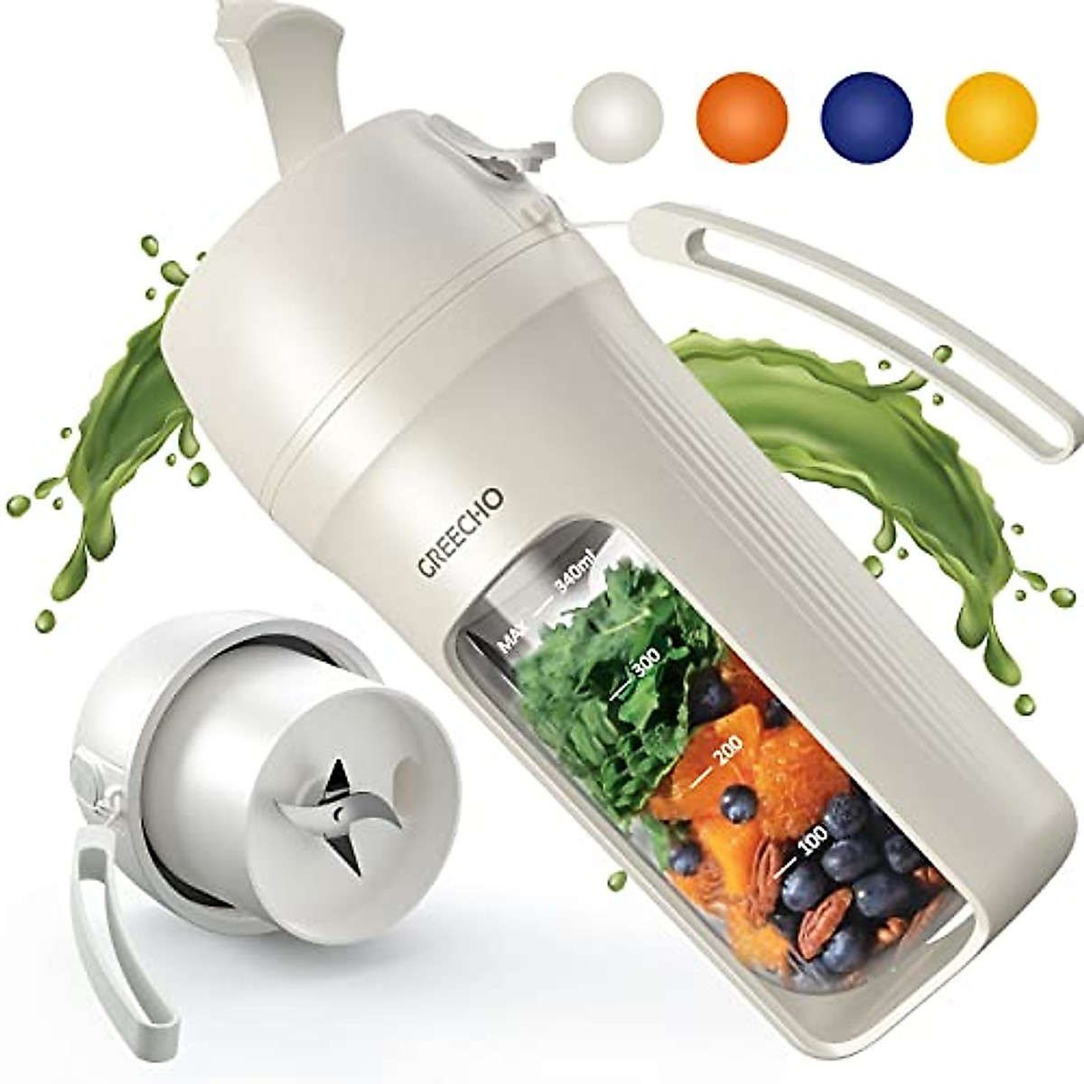GREECHO Portable Blender, One-handed Drinking Mini Blender for Shakes and Smoothies, 12 oz Personal Blender with Rechargeable USB, Made with BPA-Free Material Portable Juicer, Cream White