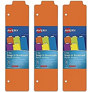 Avery Snap-In Plastic Bookmark Dividers for 3 Ring Binder, White Labels, 1 Assorted Color Set of 5 Tabs, 3 Packs, 15 Page Dividers Total (24908)