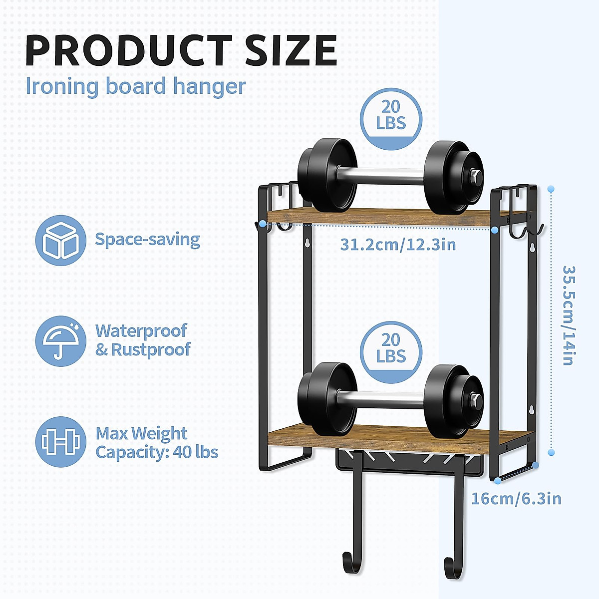 EsLuker.ly 2 Tiers Ironing Board Holder Wall Mount, Iron Board Hanger Rack Organization with Removable Hooks, Laundry Room Shelves with Large Wooden Baskets for Iron and Ironing board Set, Black