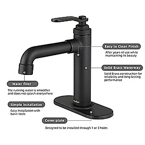 NEWATER Single-Handle Brass Bathroom Sink Faucet One Hole Deck Mount Vanity Faucets Basin Mixer Tap Rv Commercial Lavatory Faucet with Metal Pop Up Drain & Supply Lines，Matte Black