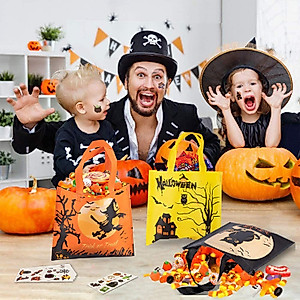 Halloween Treats Bags Party Favors - 30 pack Non-Woven Halloween Tote Gift Bags for Kids Trick or Treat Bags with 54 pcs Tattoos, Reusable Candy Bags Goodie Bag for Halloween Party Supplies(6 Pattern)