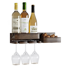 Rustic State Semillon Wall Mounted Wine Rack and Cork Storage Holder Shelf Organizer with 3 Stemware and 3 Bottle Capacity - Home, Kitchen, Dining Room Bar Décor - Walnut
