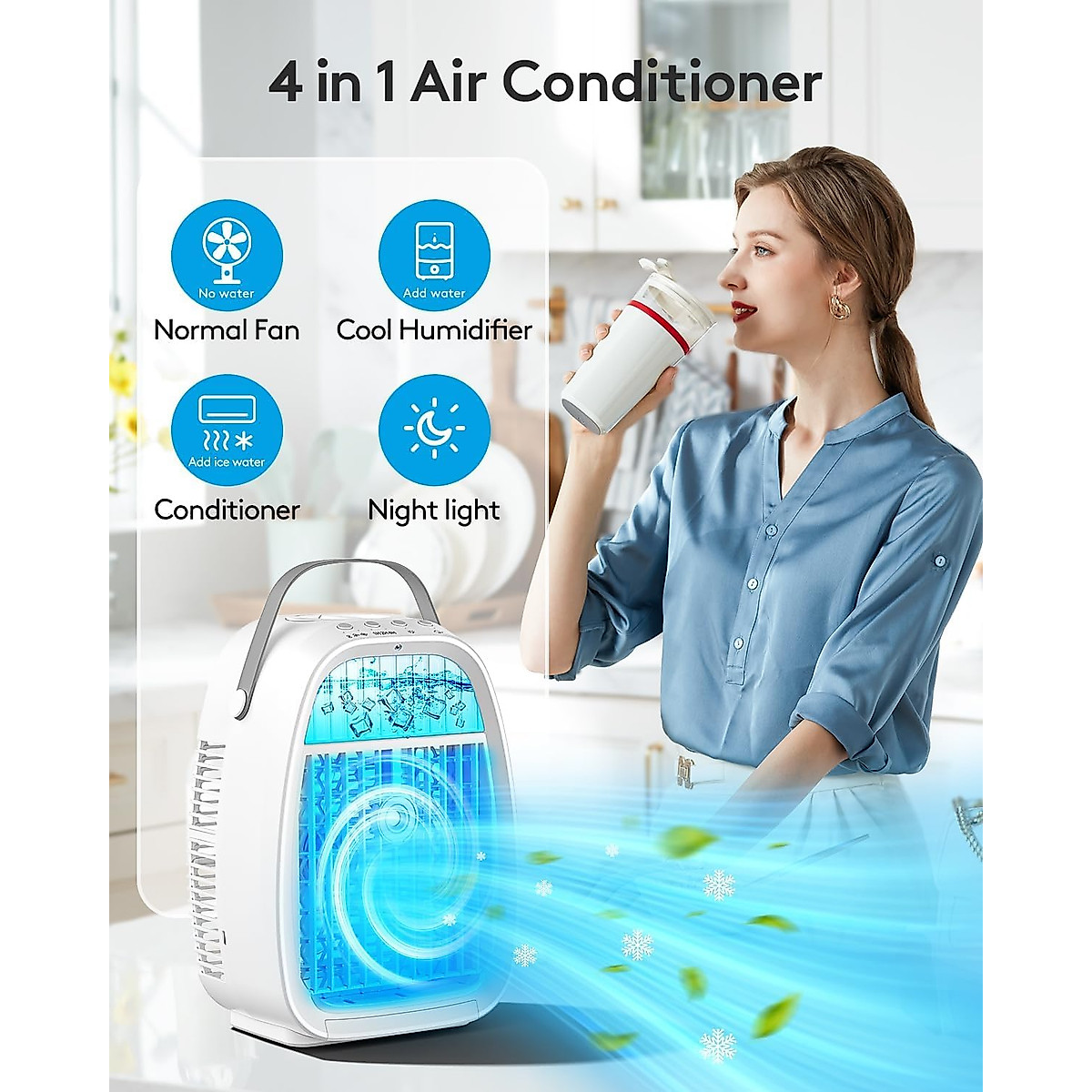 AI Portable Air Conditioners Fan,JYew Evaporative Mini Room Air Conditioners,Portable AC Unit Air Cooler with 4 in 1 Humidifier Fan Conditioner with 1400ML, 3 Speed AC Portable for Room Office Desk