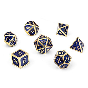 Set of 7 Metal Dice Set with Storage Box - Royal Blue with Gold Numbers - Includes D4, D6, D8, D10, D12, D20 and D% by SciencePurchase