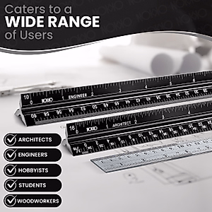 NOKKO Architectural and Engineering Scale Ruler Set - Professional Measuring Kit for Drafting, Construction - Imperial and Metric Conversion Table Included - Laser-Etched Markings, Anodized Aluminum