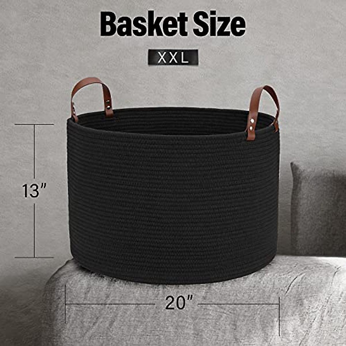 Cotton Rope Basket XXL Blanket Basket for Blankets Large Woven Storage Basket Round Rope Basket Black Toy Basket Woven Laundry Basket with Real Leather Handle, 20''X20''X13''